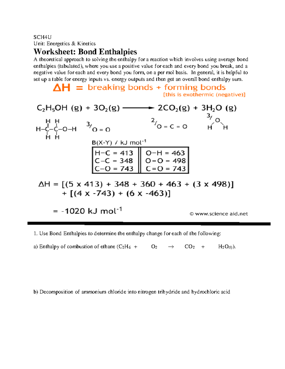 SCH4U Final Exam: Bond Enthalpy Calculations and Applications - Studocu