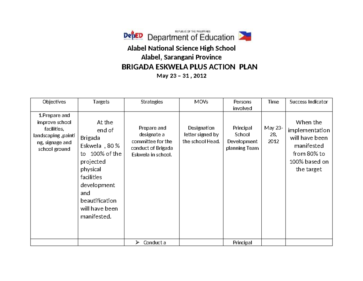 Brigada Eskwela Plus Action Plan (2012) - Alabel National Science HS ...