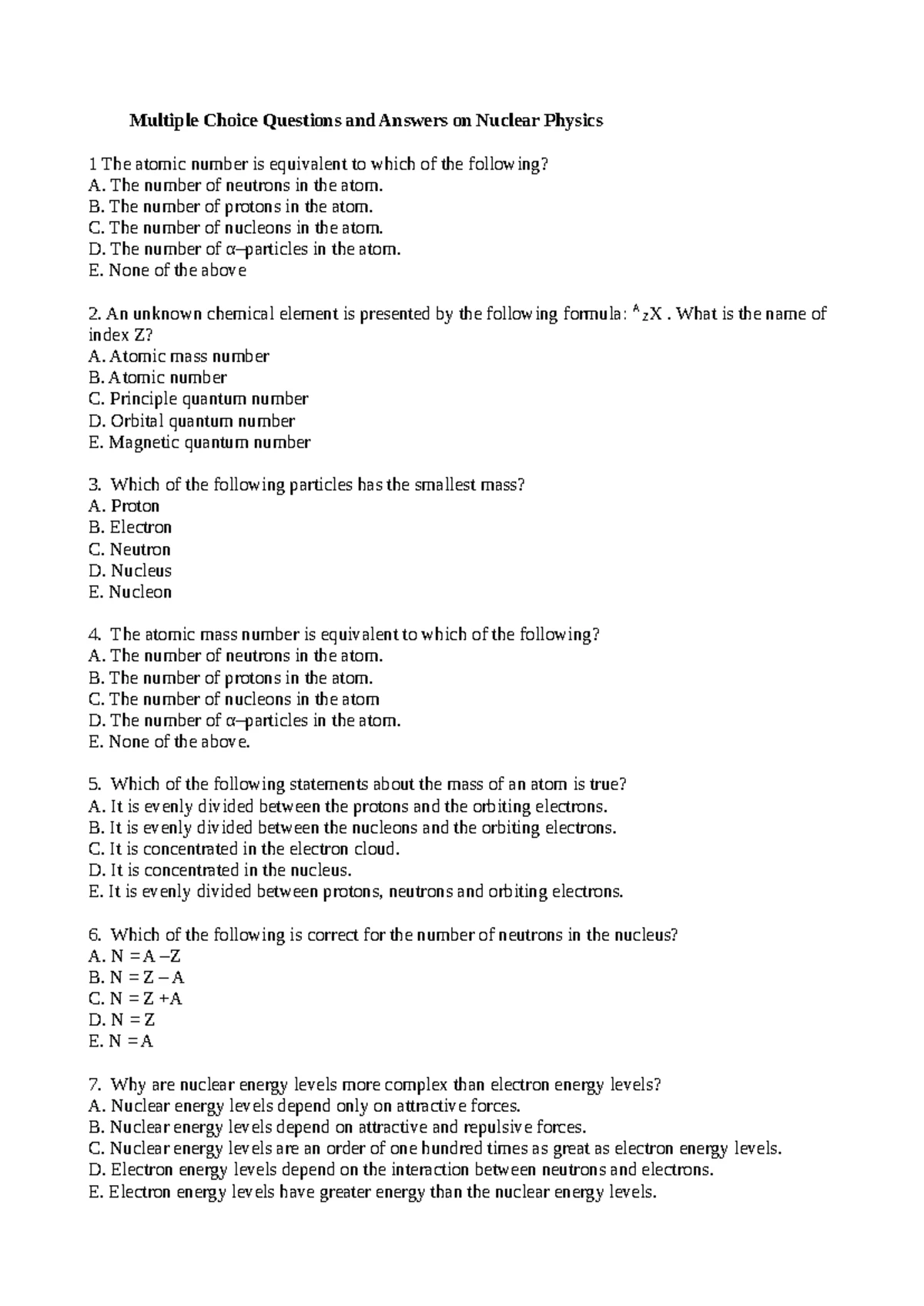 MCQ on Nuclear Physics - Introduction to physics - Unilag - Studocu