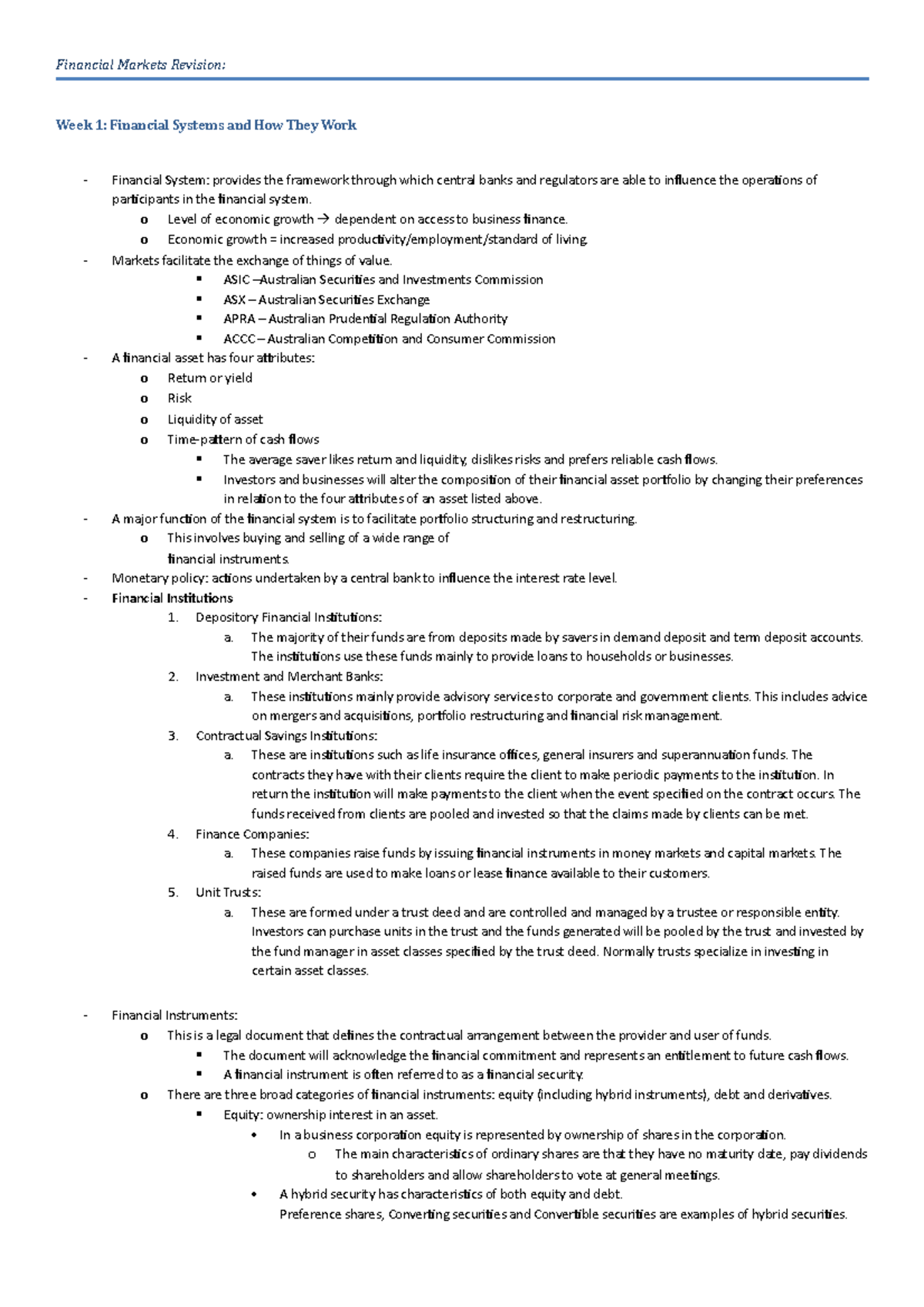 Financial Markets Revision (FIN301) - Final Exam Notes, Weeks 1-4 - Studocu