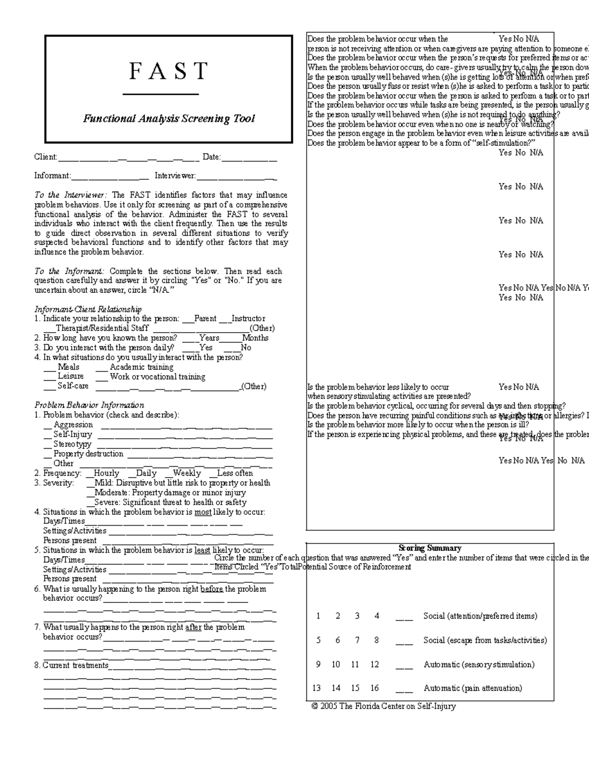 FAST Functional Analysis Screening Tool: Understanding Problem ...