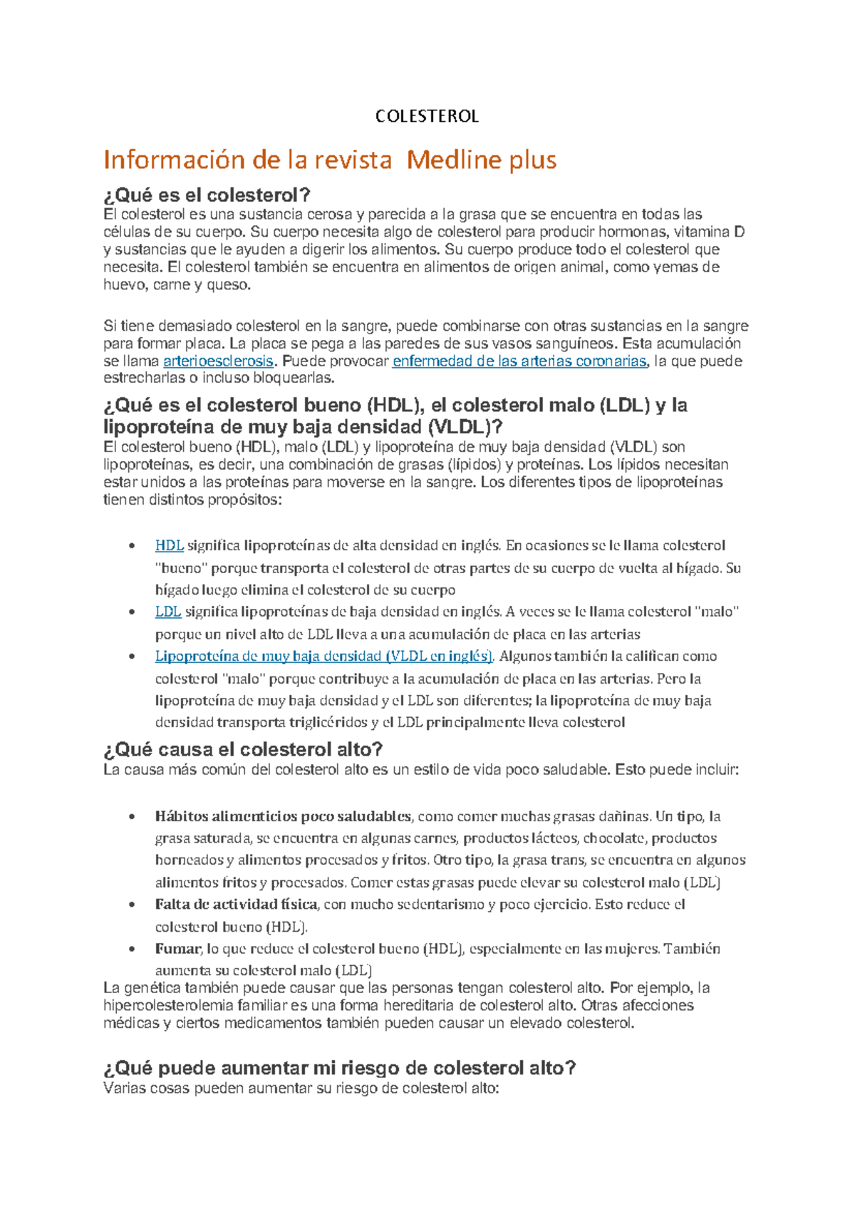 Colesterol - COLESTEROL Información de la revista Medline plus ¿Qué es ...