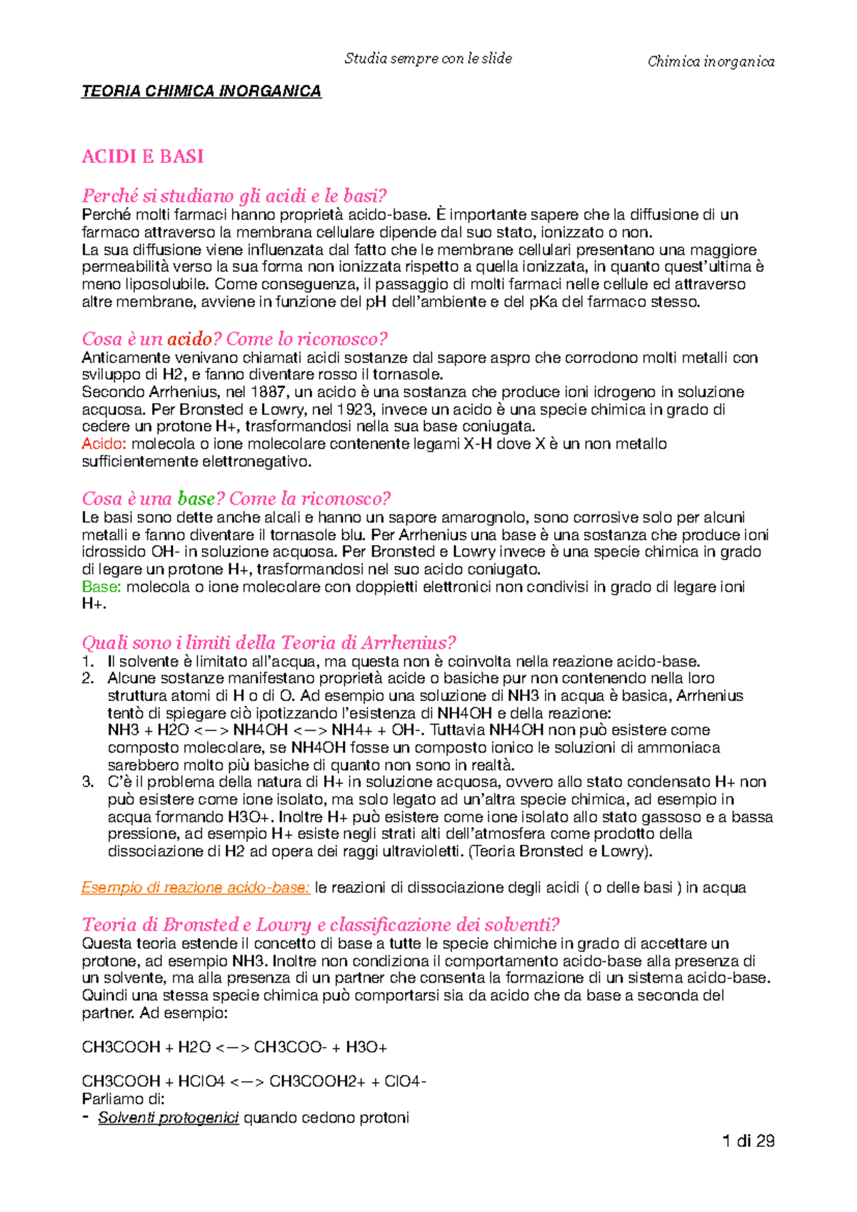 Teoria Chimica Inorganica: Acidi e Basi - Appunti e Slide (CHIM101 ...