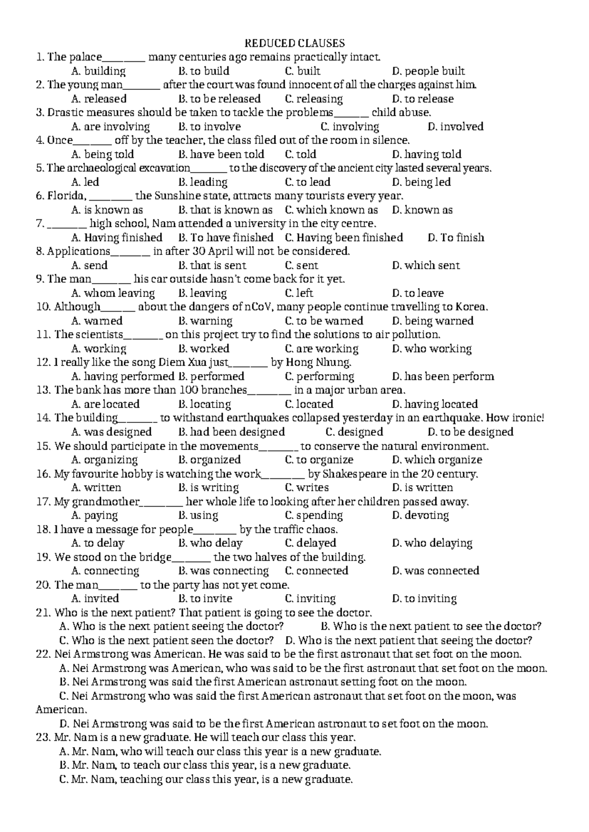 Reduced Clauses Practice Questions for English 101 - Easy Study Guide ...