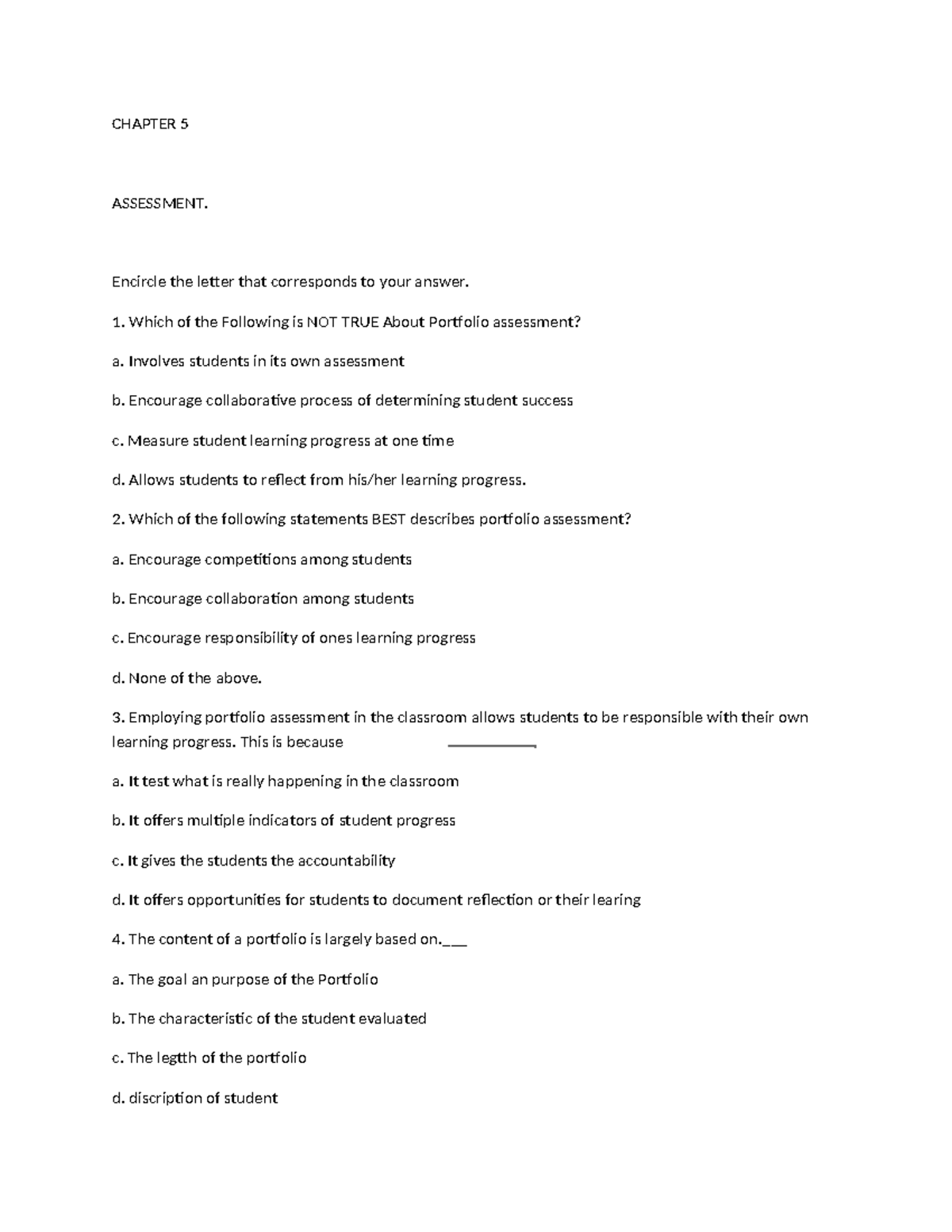 Module - Answer 114012 - CHAPTER 5 ASSESSMENT. Encircle the letter that ...