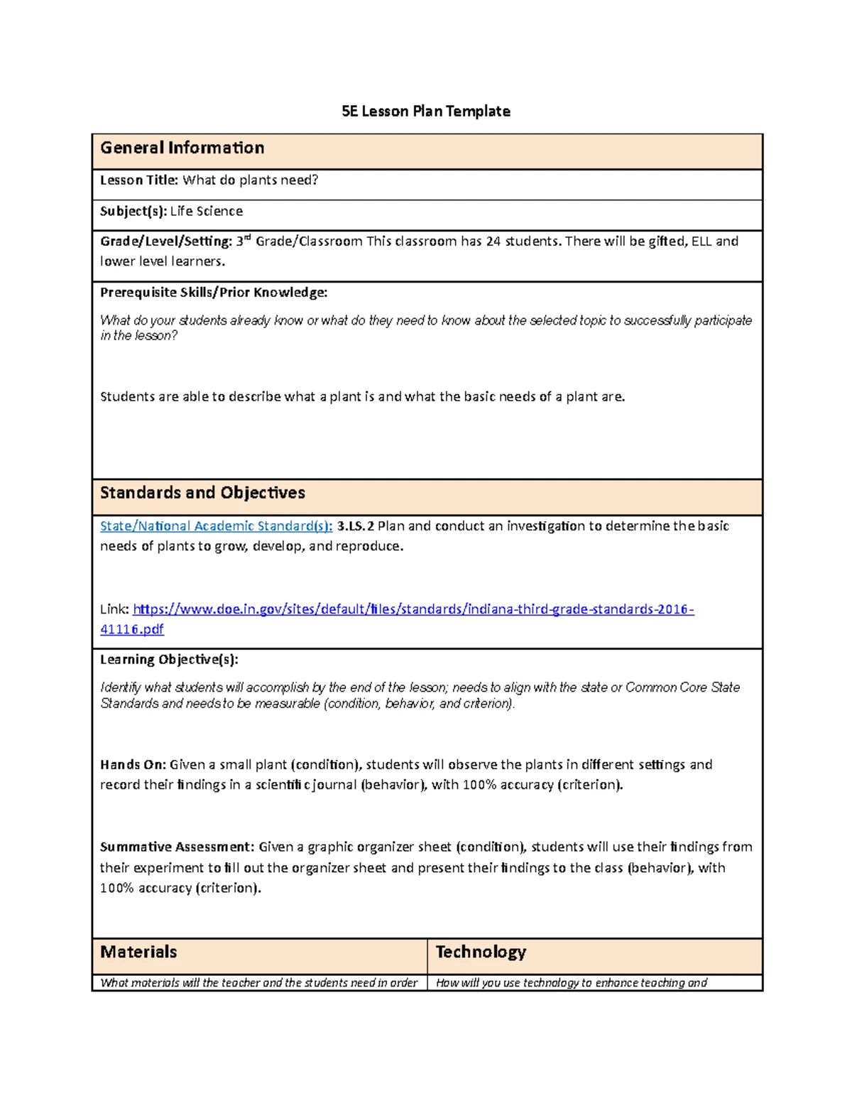 C108 Lesson Plan: Do Plants Need Sunlight & Water? (2nd Grade) - Studocu