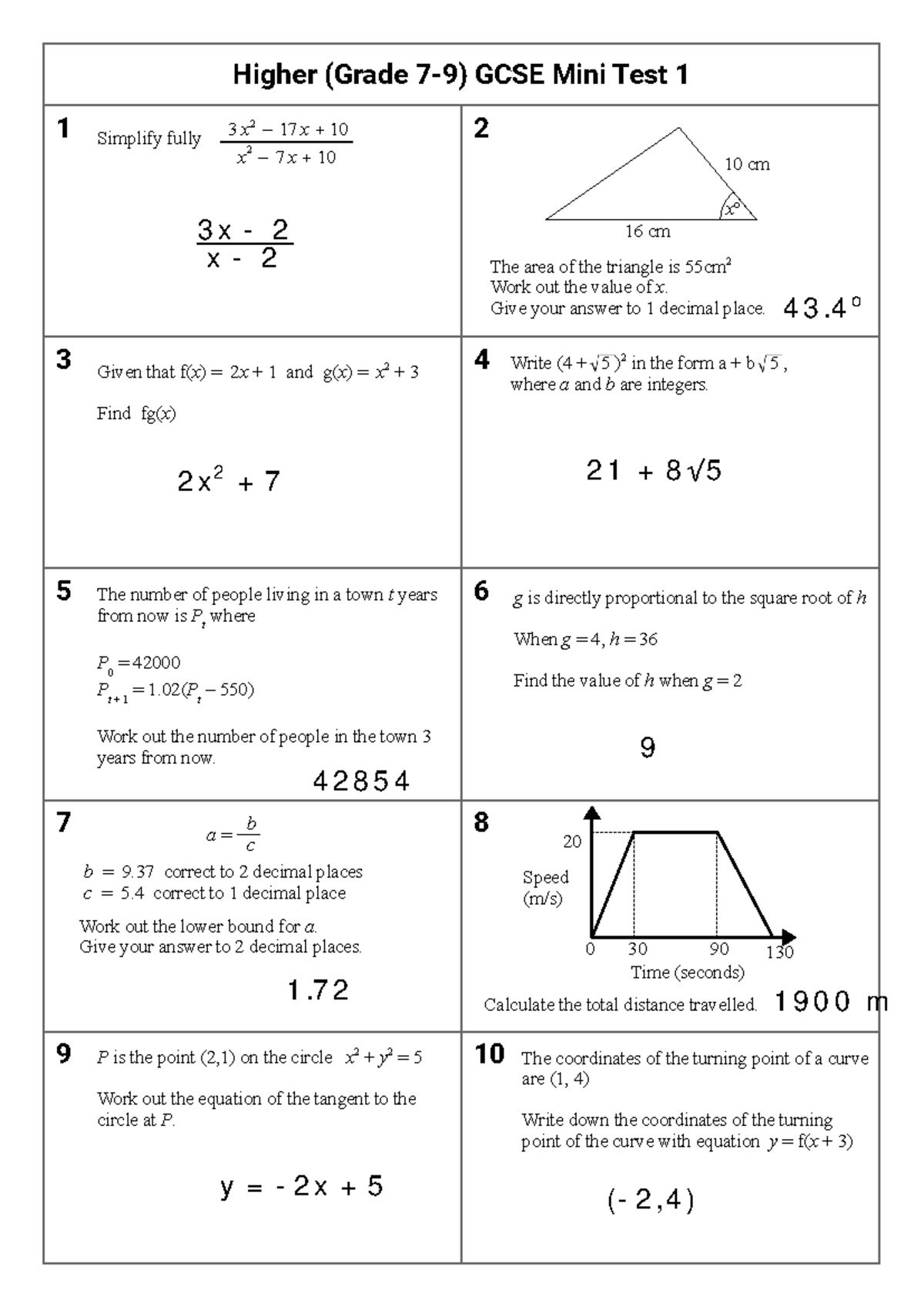 H7 Mini Test 1 Answers - Solutions for Grade 7-9 Math Exam - Studocu