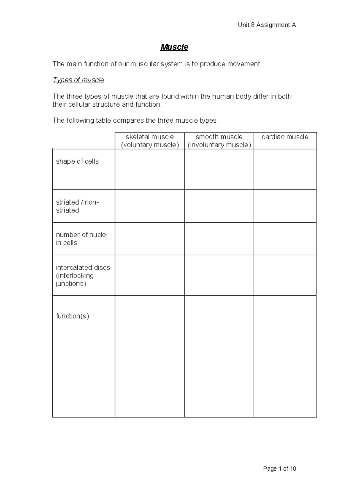 Unit 8 Assignment A: Understanding Muscle Types and Functions - Studocu