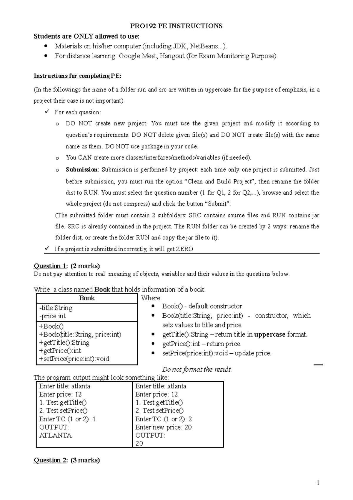 PRO192 sample PEabc - PRO192 PE INSTRUCTIONS Students are ONLY allowed to use: Materials on ...