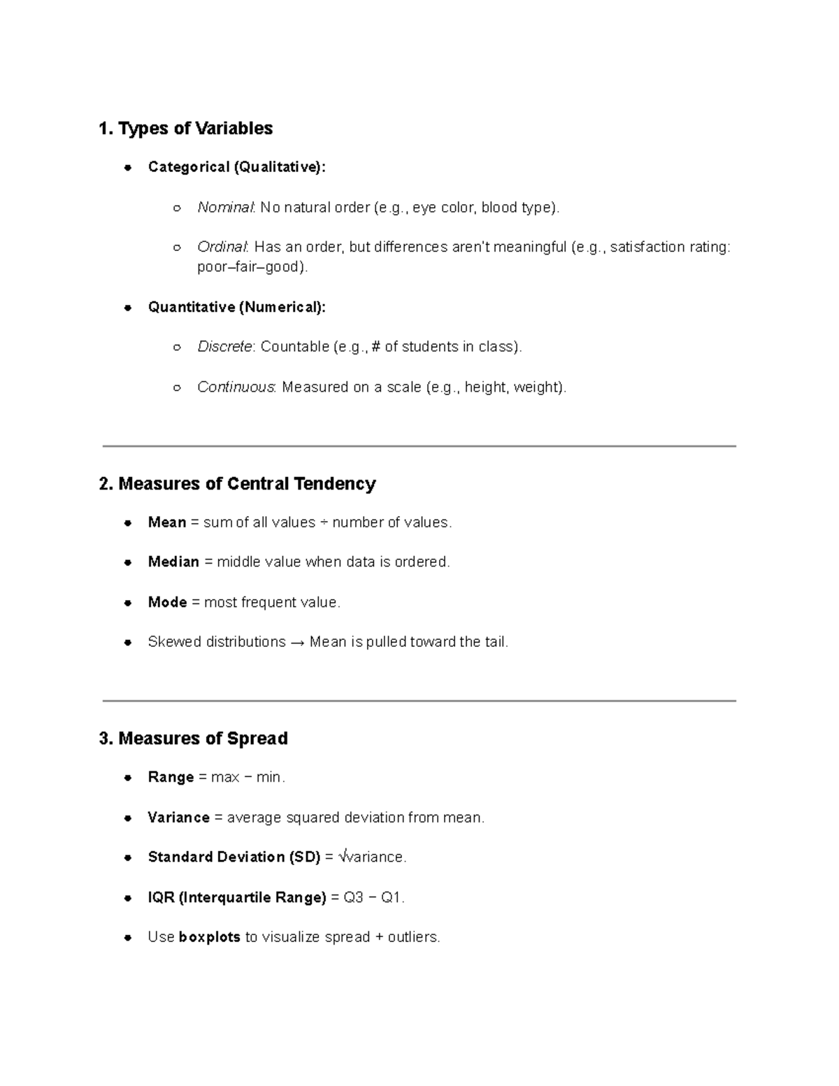 Stats Notes: Types of Variables & Measures of Central Tendency - Studocu
