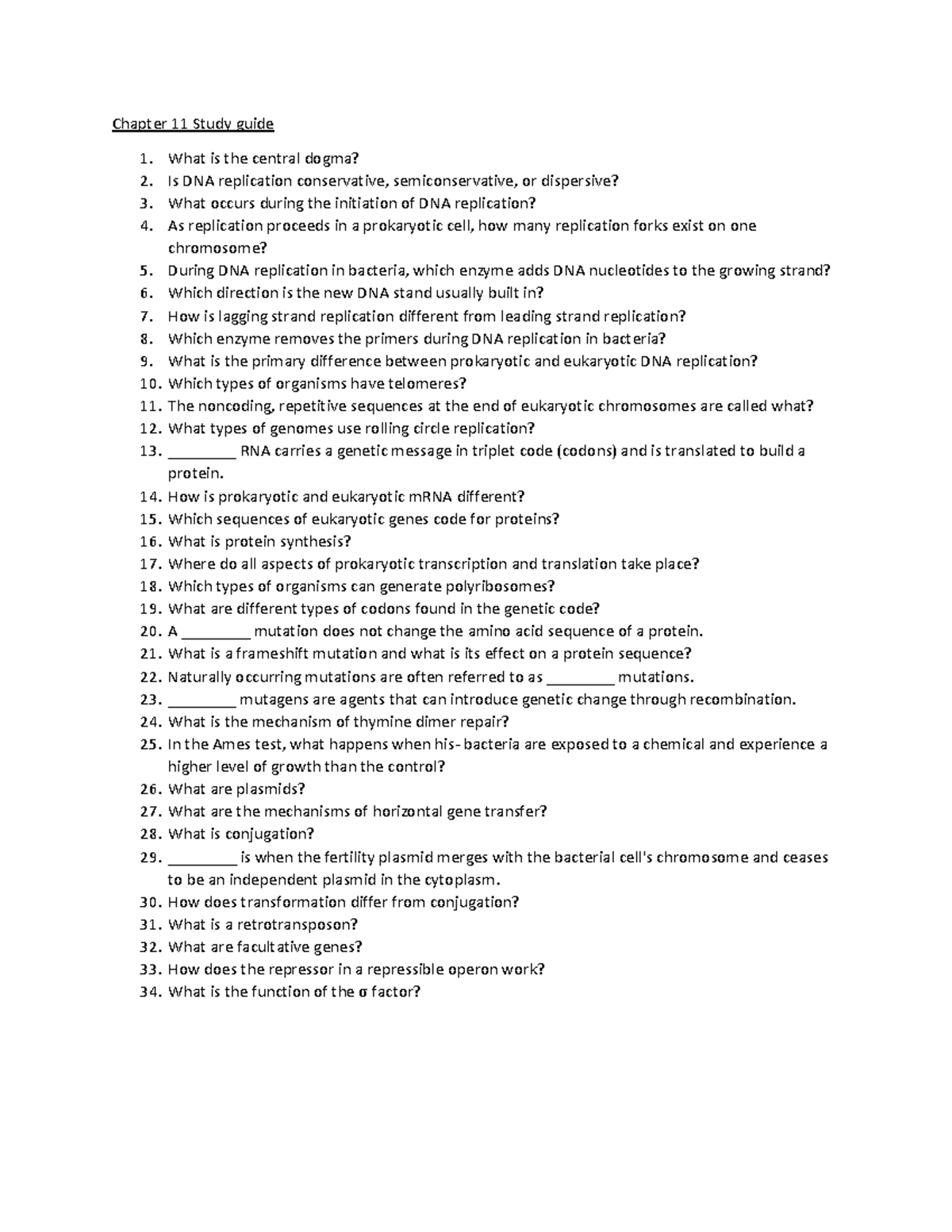 Chapter 11 Study Guide: DNA Replication & Protein Synthesis Concepts - Studocu