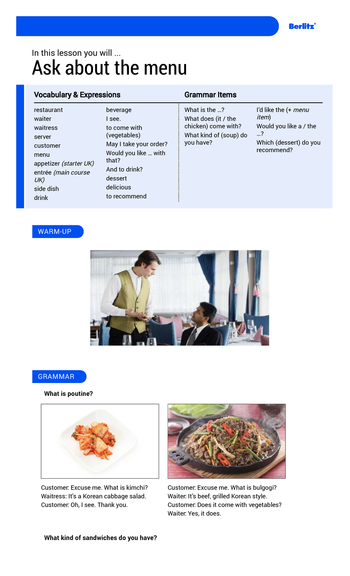 Berlitz English Level 2: Lesson on Restaurant Vocabulary and ...