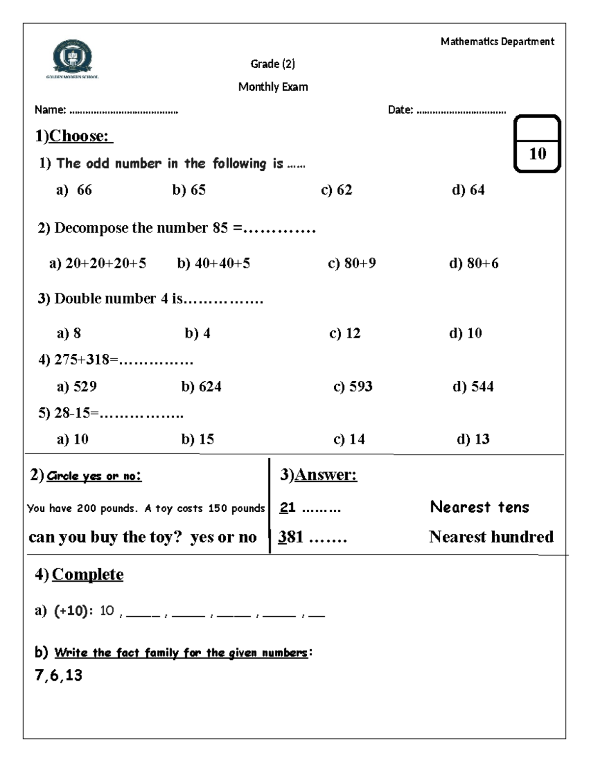 Mathematics Dept. Grade 2 Monthly Exam - Key Questions & Answers - Studocu