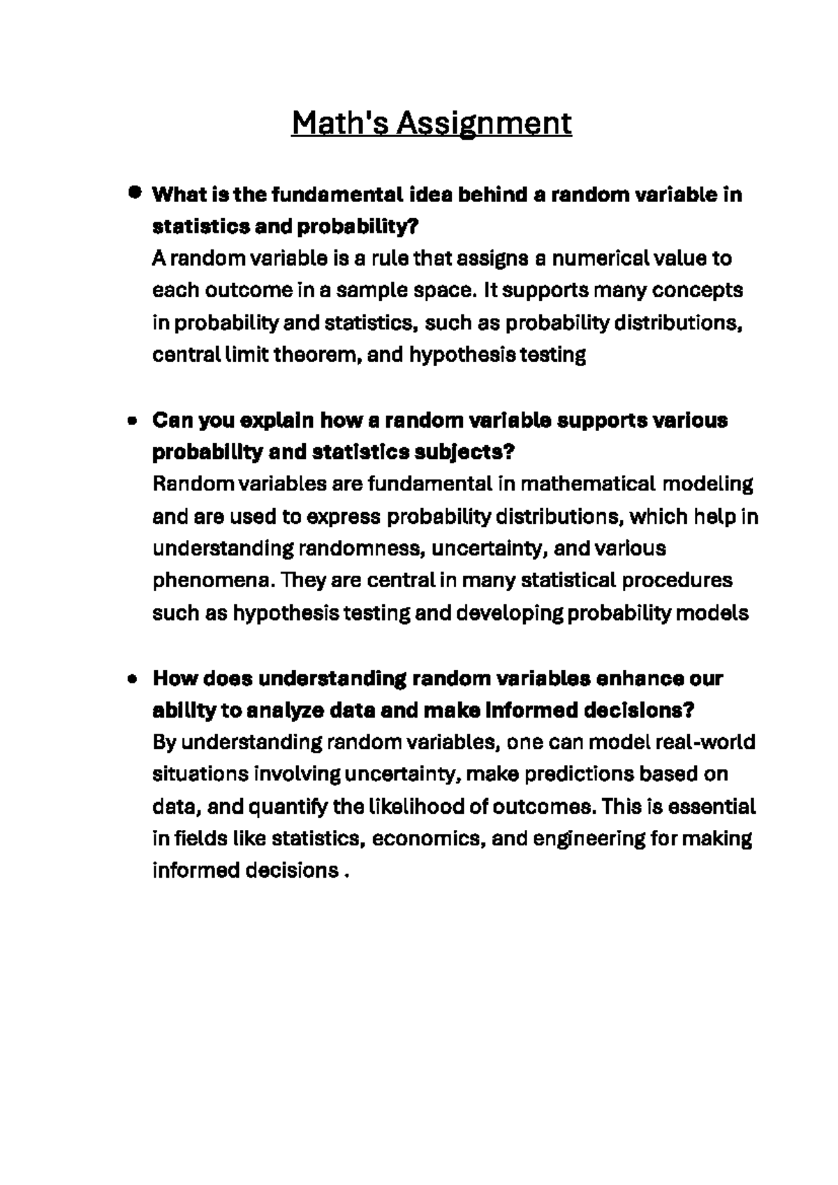 22bcy10034 Math Assignment: Exploring Random Variables in Statistics ...
