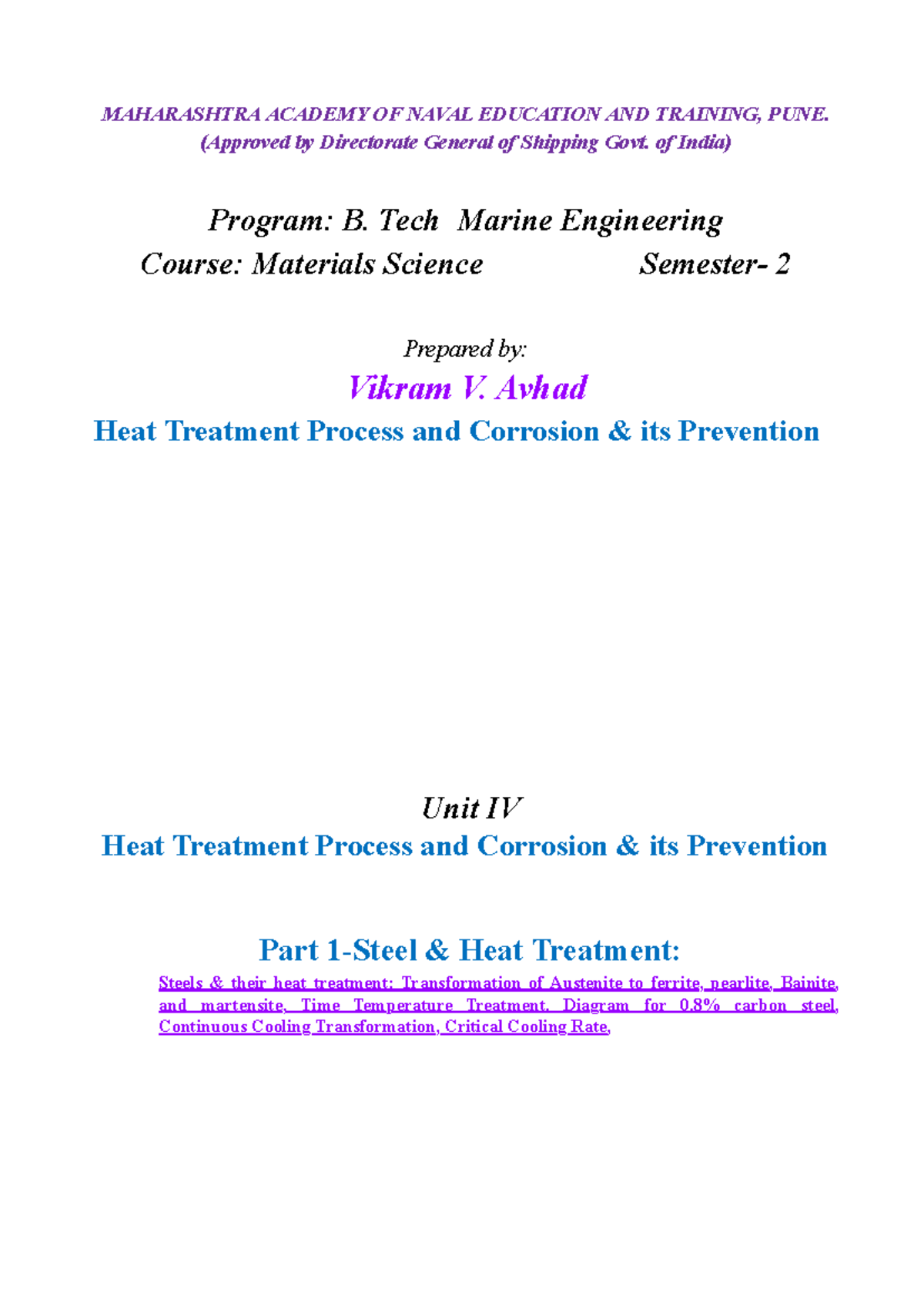 Unit IV: Heat Treatment Process & Corrosion Prevention - B. Tech Marine ...