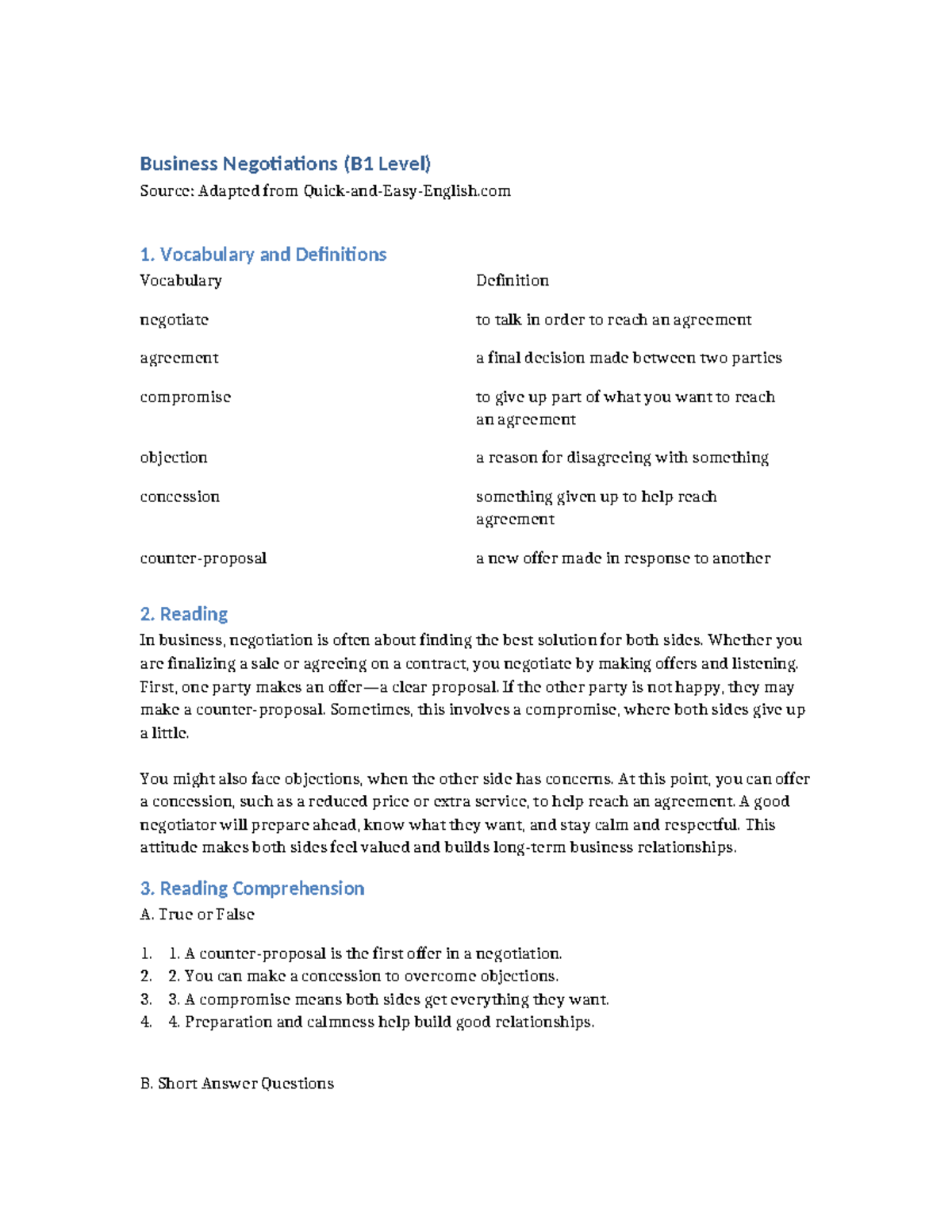 Business Negotiation Strategies (B1 Level) - Studocu