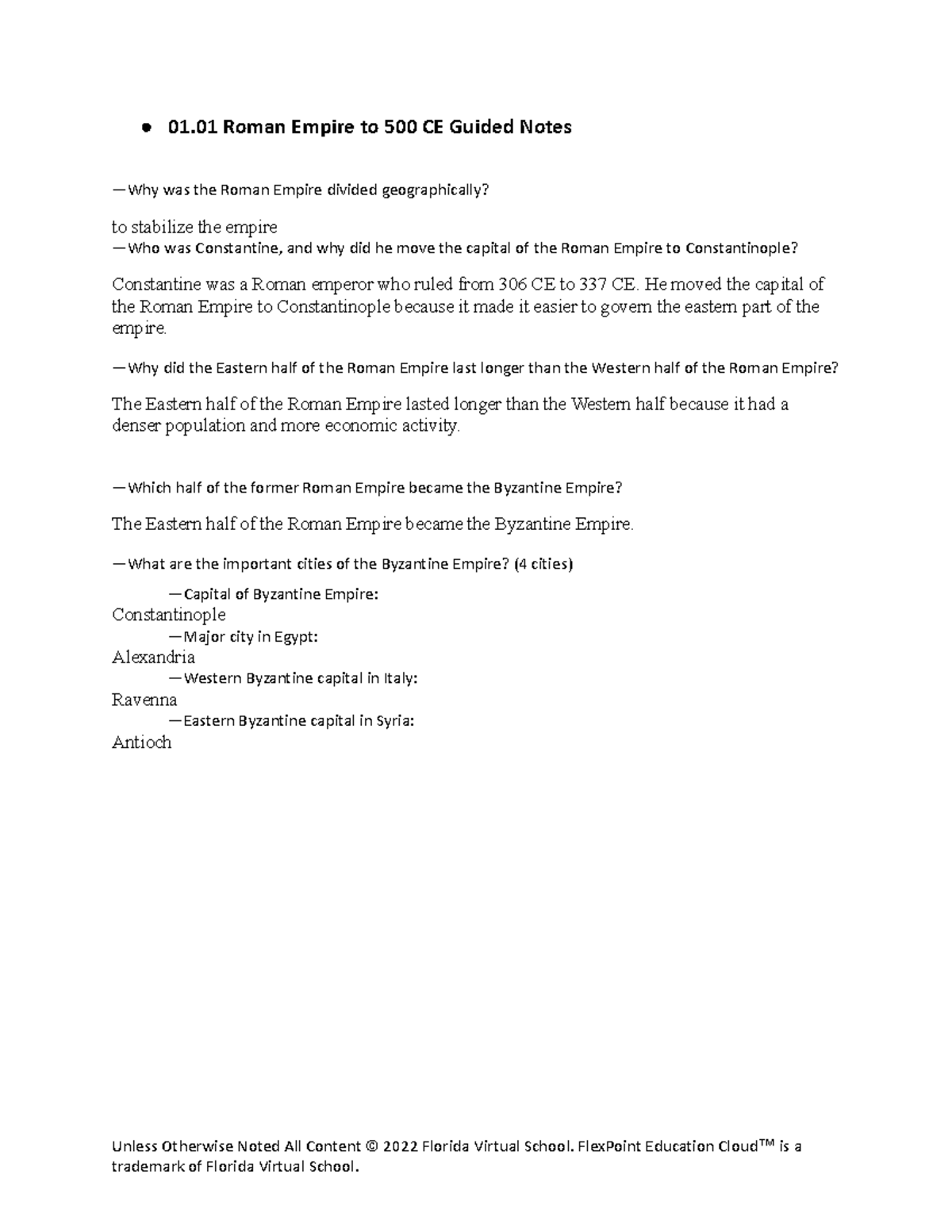 Roman Empire to 500 CE: Guided Notes for 1.01 Class - Studocu