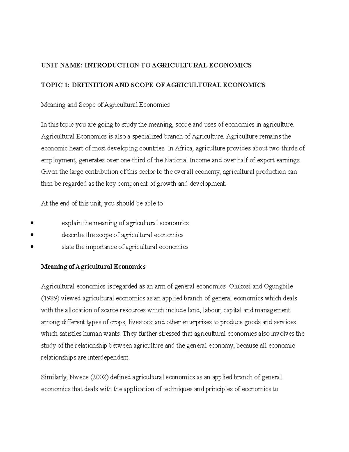 Introduction to Agricultural Economics - UNIT NAME: INTRODUCTION TO ...