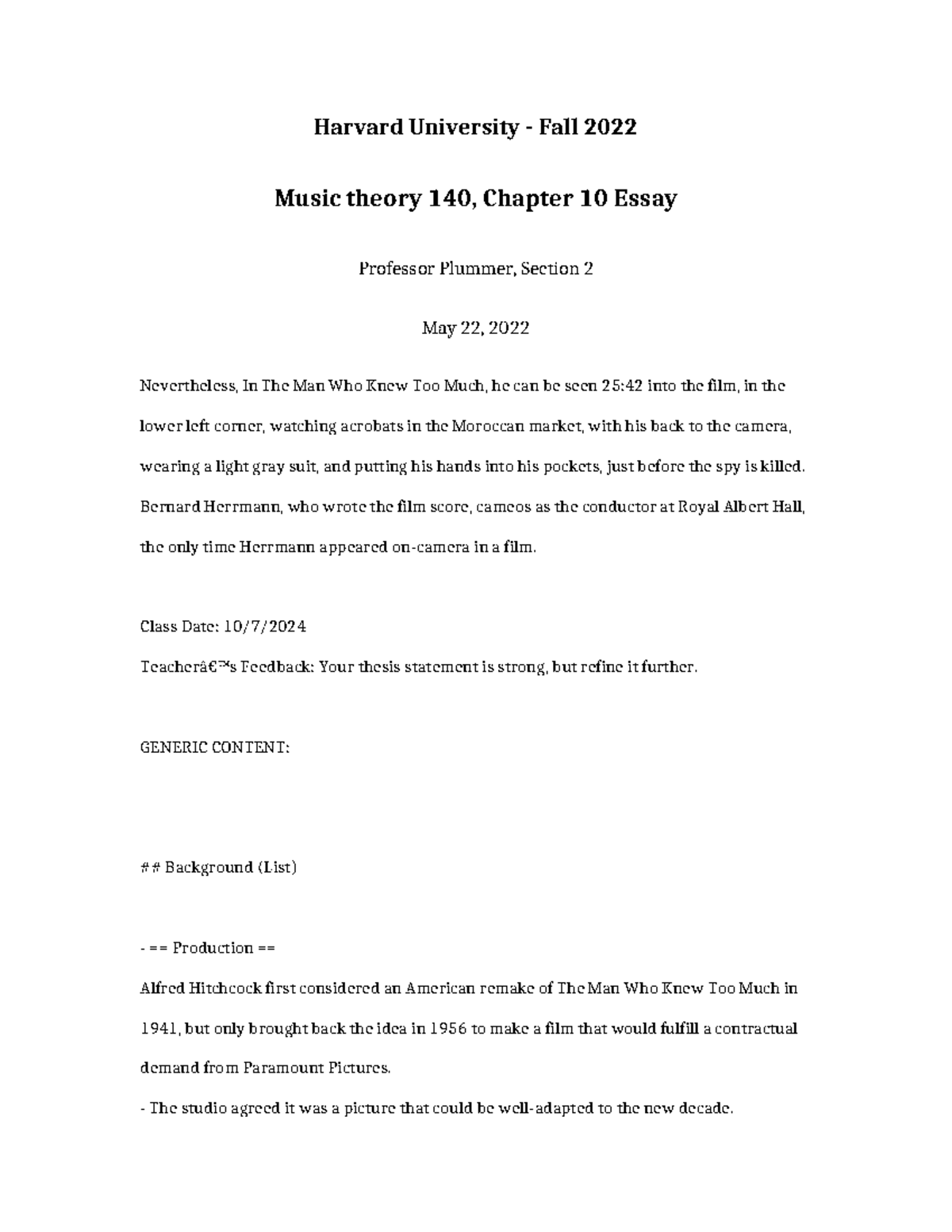 Harvard University Music Theory 140, Chapter 10 Essay Analysis - Studocu