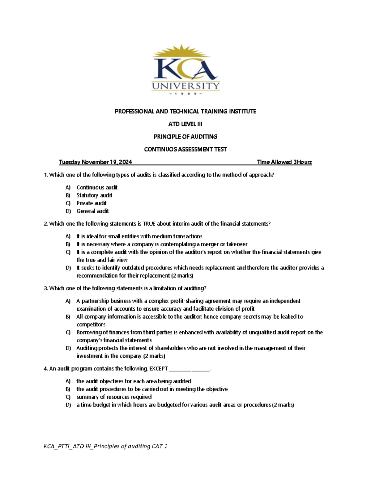 KCA_PTTI_ATD auditing continuous assessment test questions - Studocu