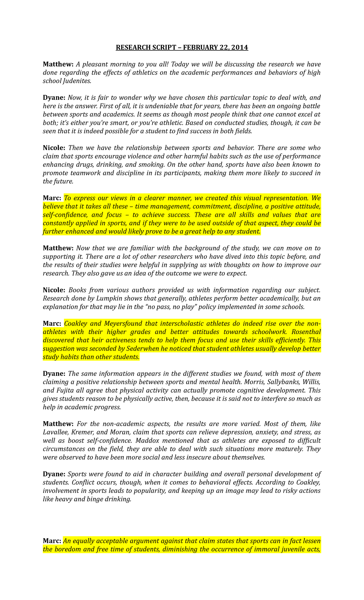 Oral Defense Script for Research Prop on Athletics & Academics - Studocu