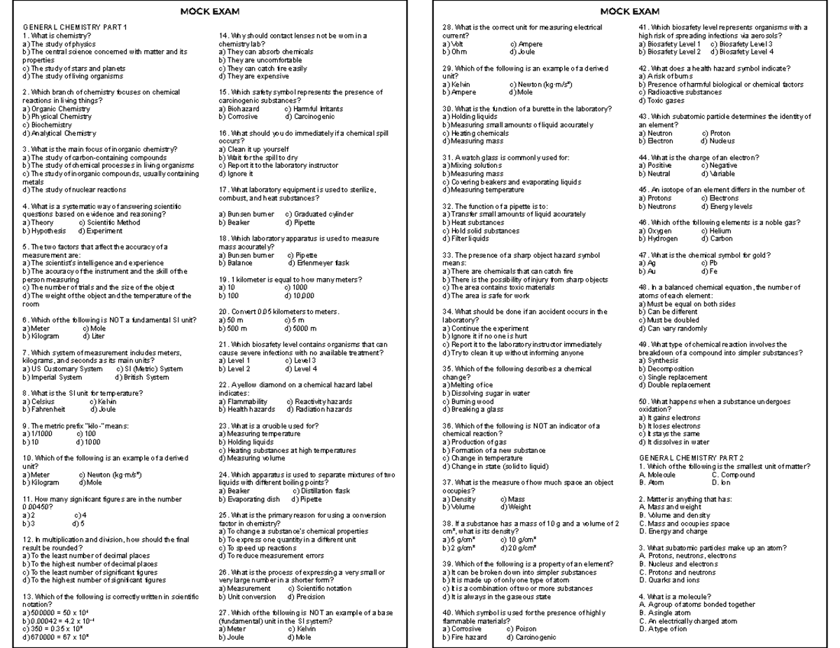 MOCK EXAM GENERAL CHEMISTRY PART 1 & 2 - Studocu