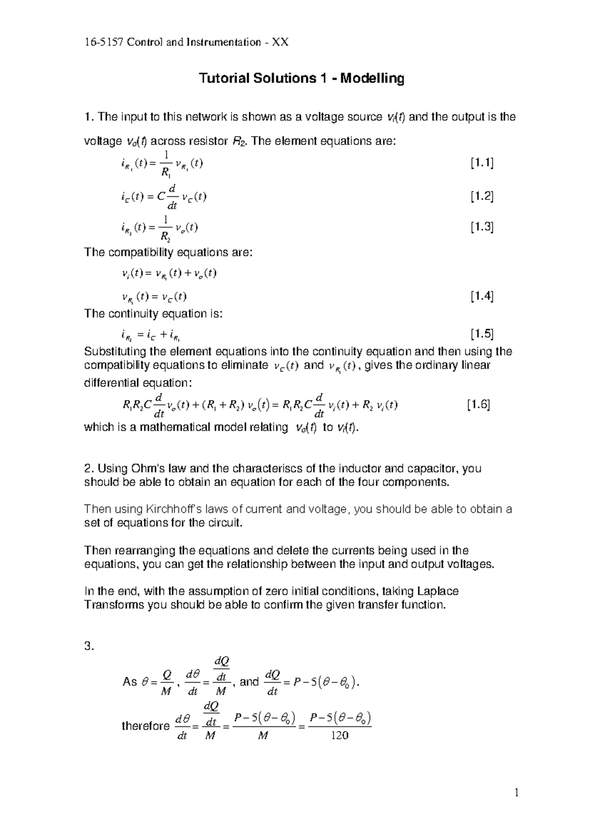 16-5157 Tutorial 2.1 - Block Diagram Reduction - Solutions - Tutorial Solutions - Block Diagram ...