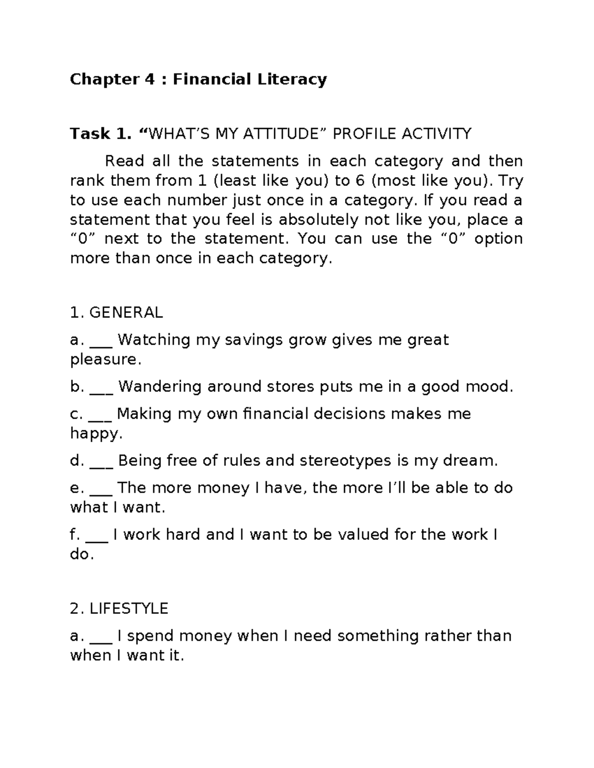 Chapter 4: Financial Literacy Task 1 - My Profile Activity - Studocu