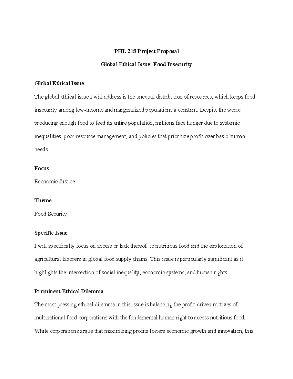 PHL 218 Project Proposal: Addressing Food Insecurity & Ethical Dilemmas ...