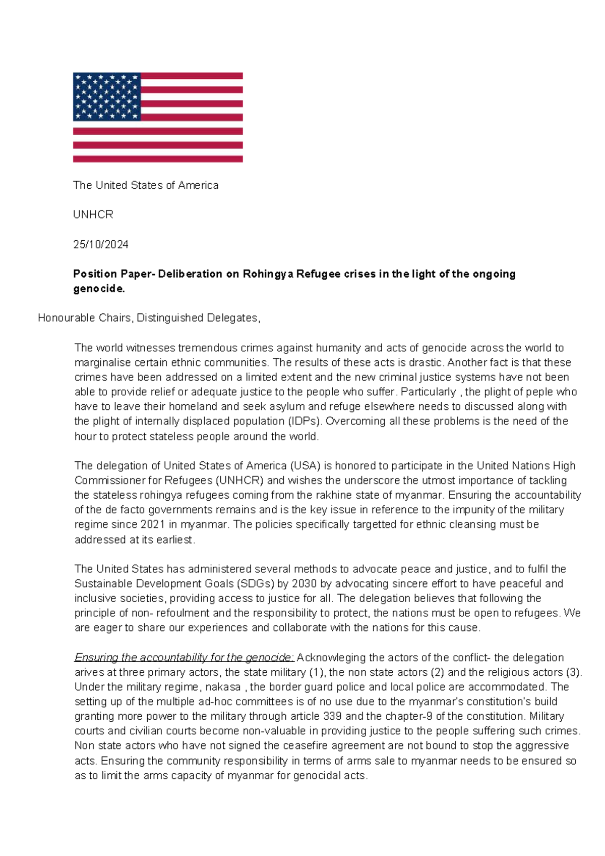 USA UNHCR Position Paper: Addressing the Rohingya Refugee Crisis - Studocu