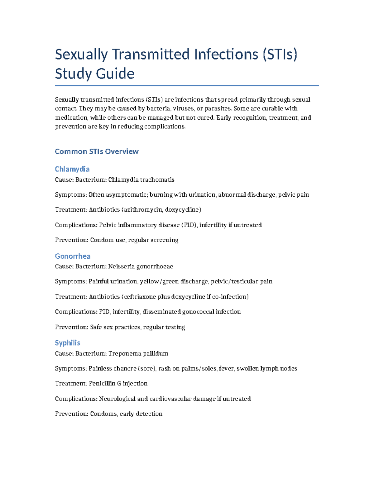 STI Study Guide: Key Points on Sexually Transmitted Infections - Studocu