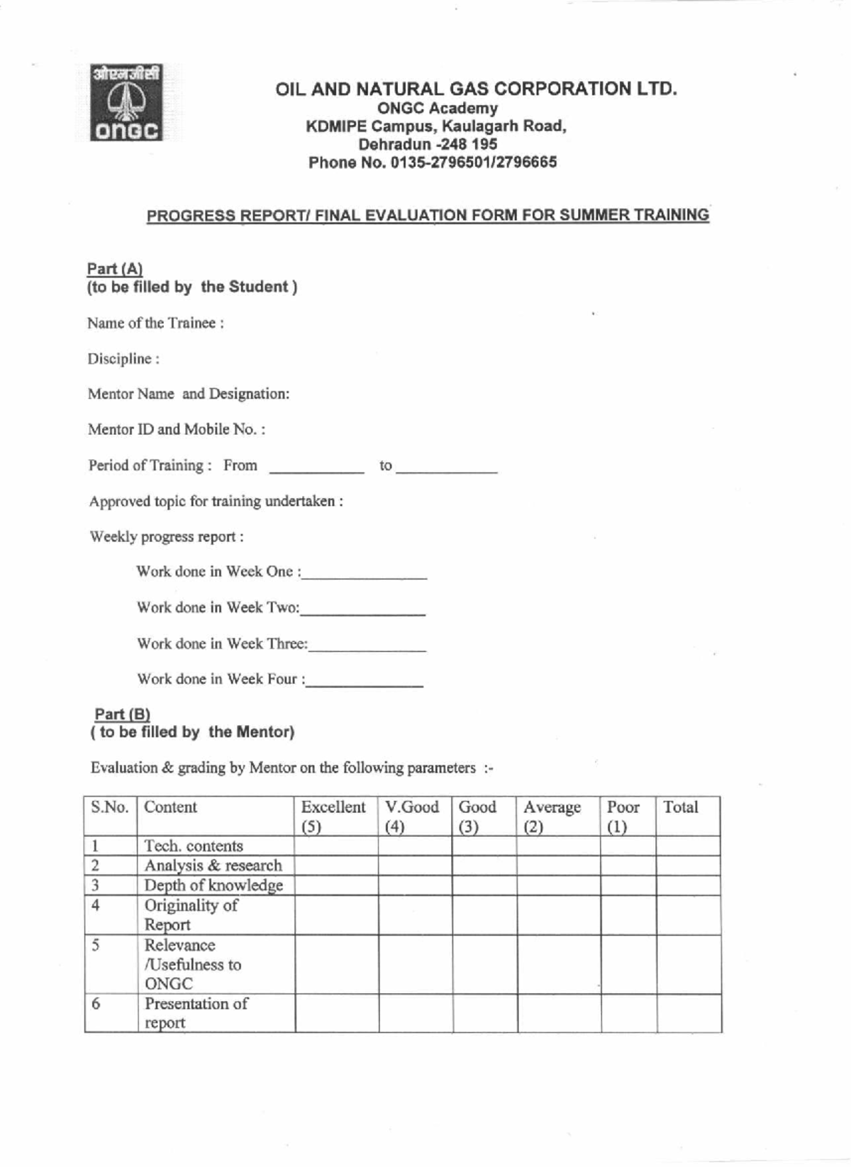 Progress Report: Final Evaluation for Summer Training at ONGC - Studocu