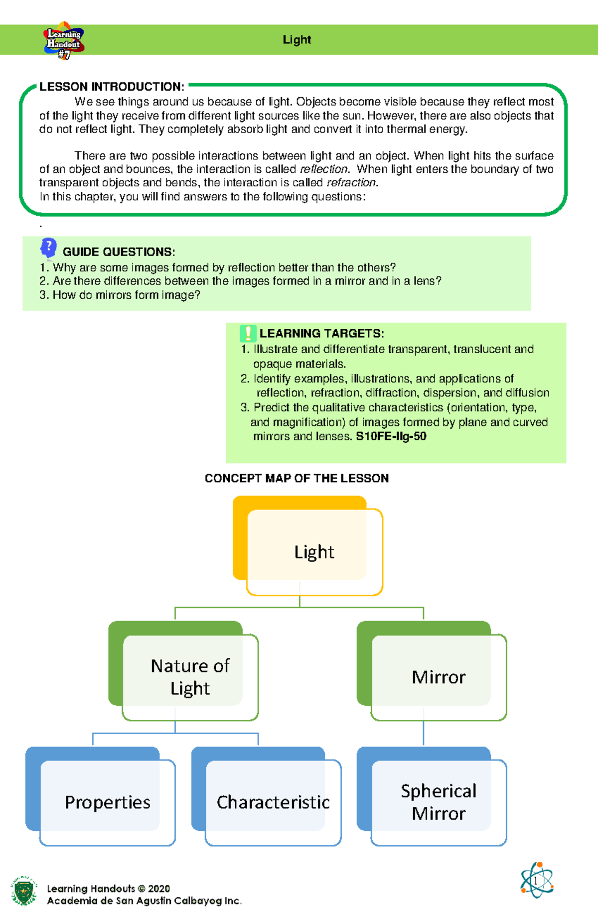 Science 10 - Lesson on Light: Reflection, Refraction & Properties - Studocu