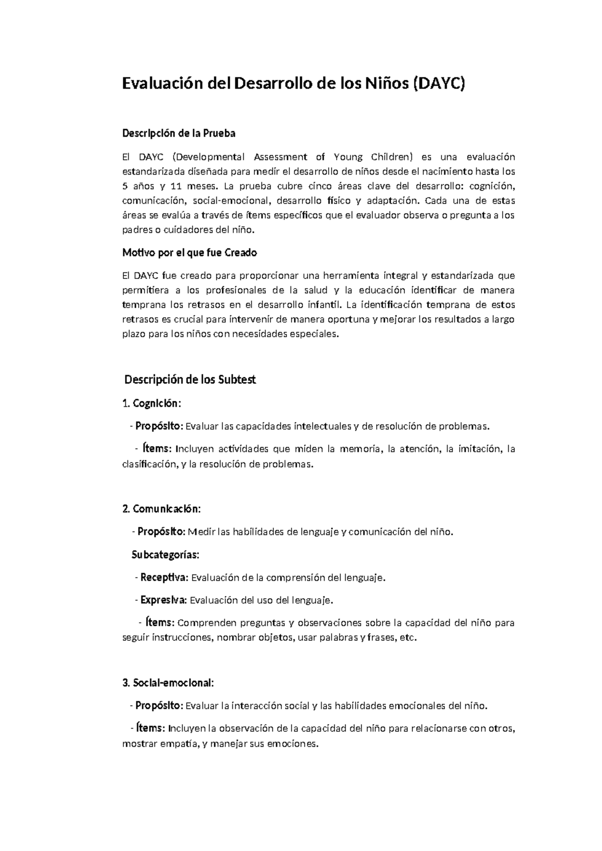 Manual de Evaluación del Desarrollo Infantil (DAYC) - Studocu
