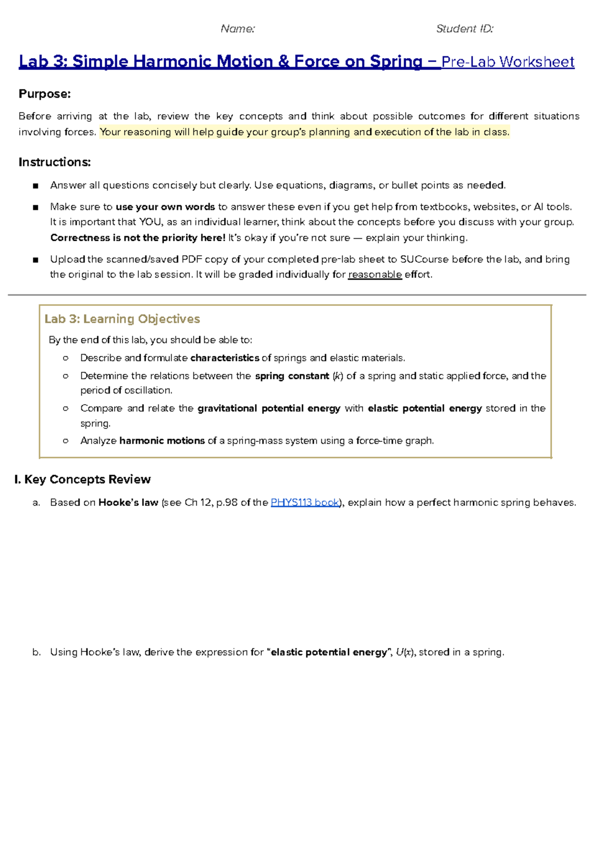 Lab 3: Pre-Lab Worksheet on Simple Harmonic Motion and Springs - Studocu