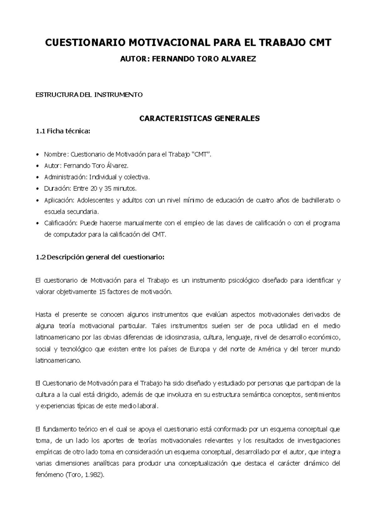 Cuestionario de Motivación para el Trabajo CMT - Resumen y Análisis - Studocu