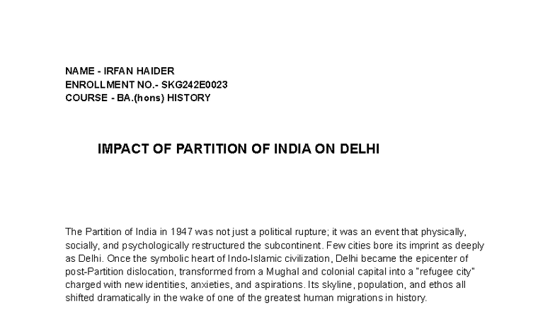 SKG242E0023 BA (Hons) History: Impact of India's Partition on Delhi ...