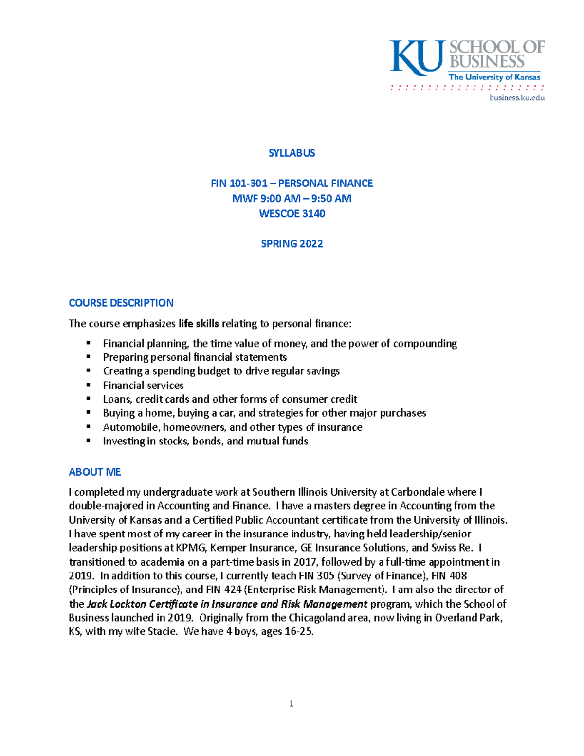 FIN 101 Syllabus for Personal Finance Course - Spring 2022 - Studocu