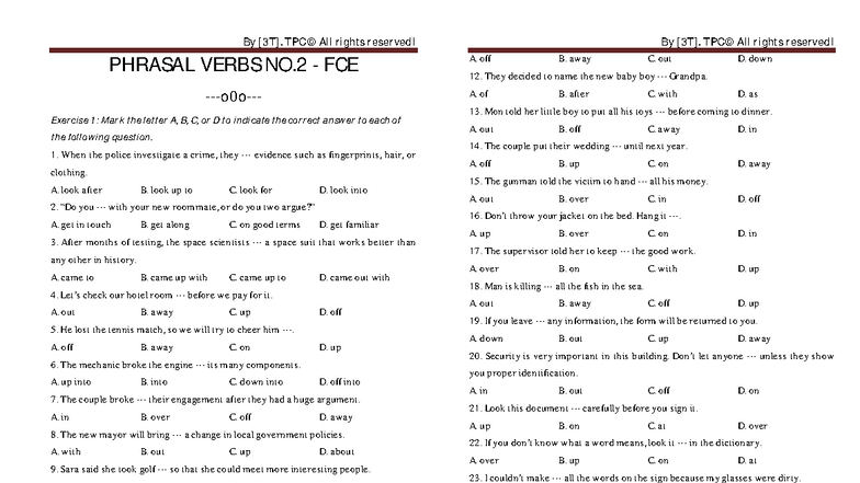 Phrasal Verbs No.2 - 100 MCQs for FCE Exam - Studocu