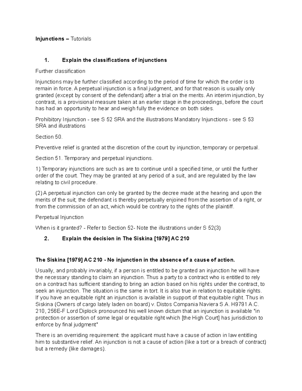 Injunctions tutorials - Injunctions – Tutorials 1. Explain the classifications of injunctions ...