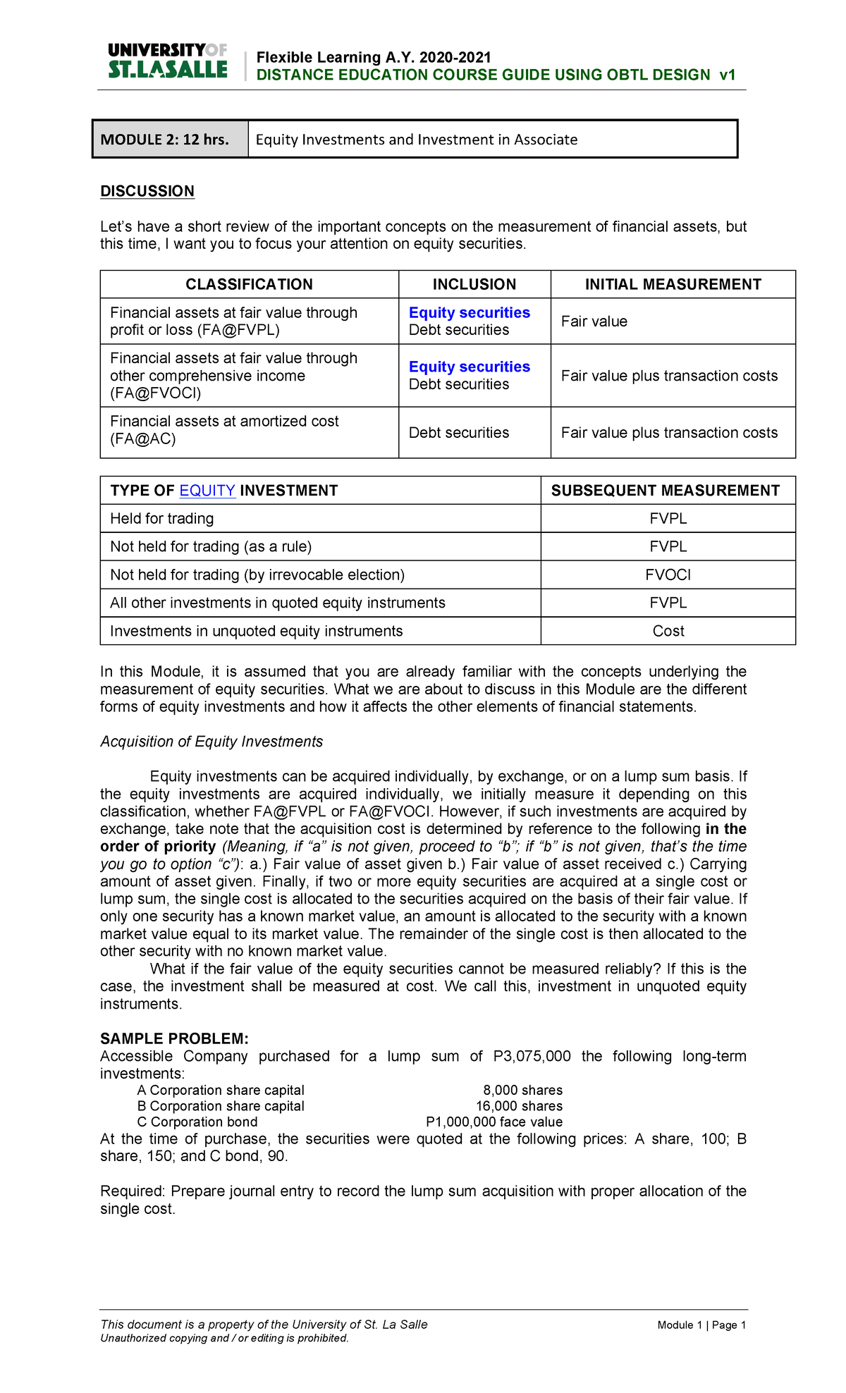 Module 2 - Equity Investments Discussion and Sample Problems - Studocu