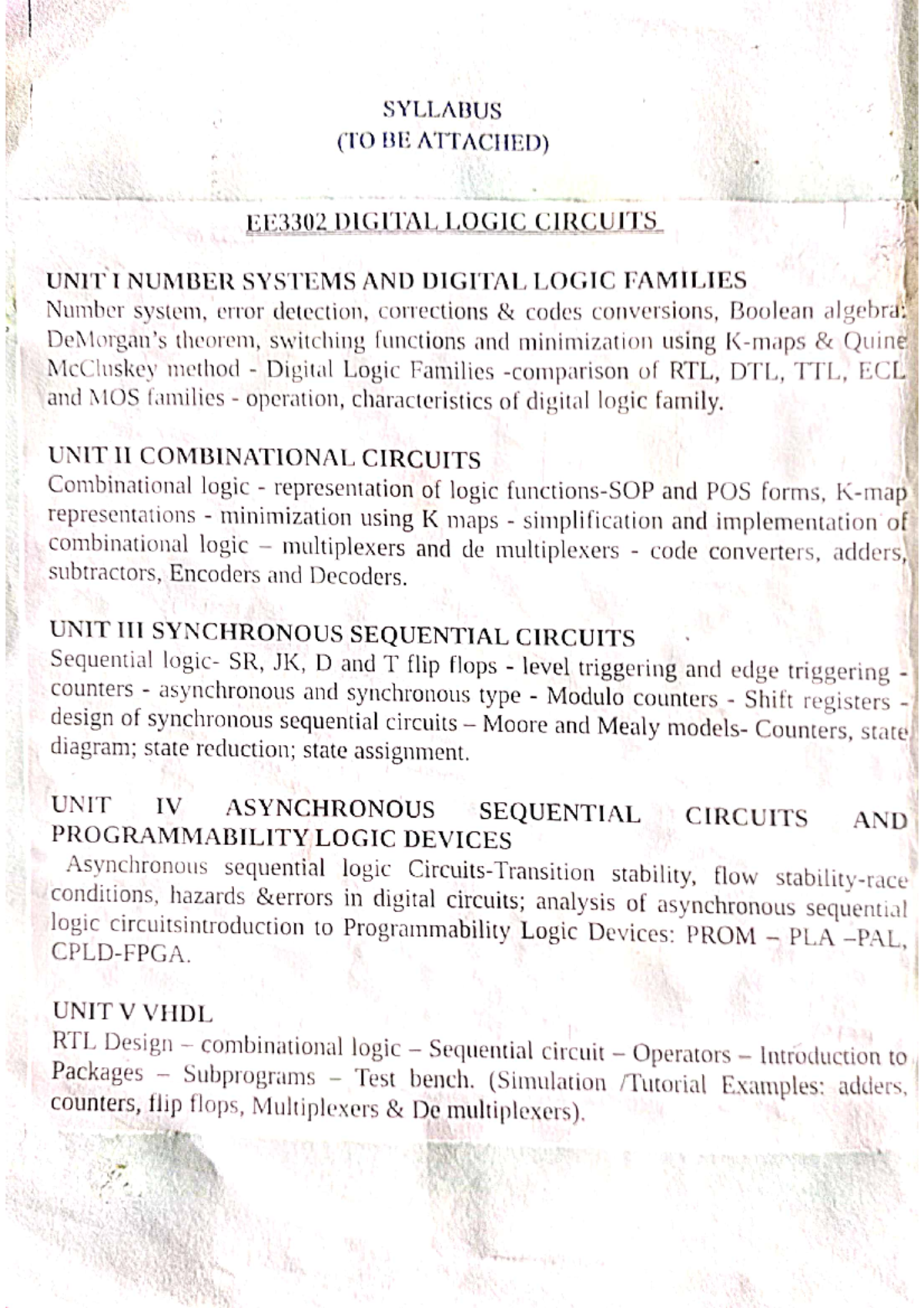 Digital Logic Circuits - SYLLABUS (TO BE ATTACHED) EE3302 DIGITAL LOGIC CIRCUITS UNITI NUMBER ...