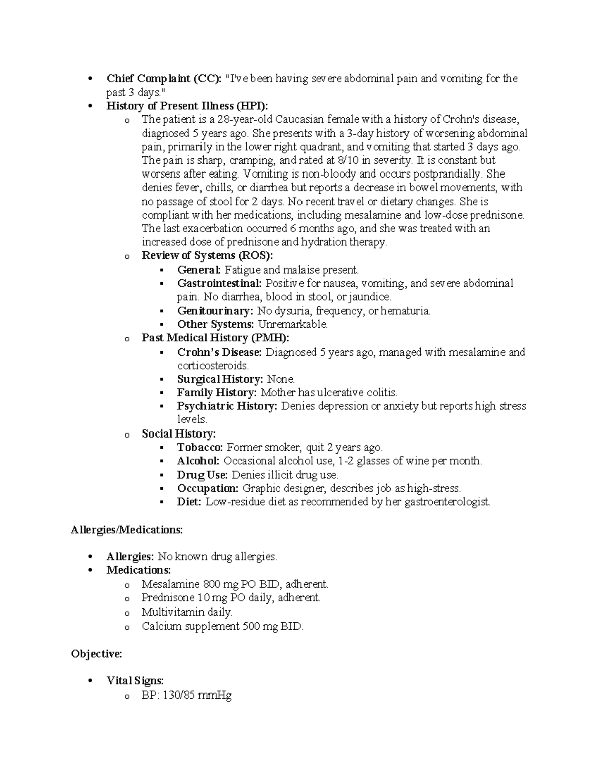 Chief Complaint SOAP Note: Exacerbation of Crohn's Disease - Studocu