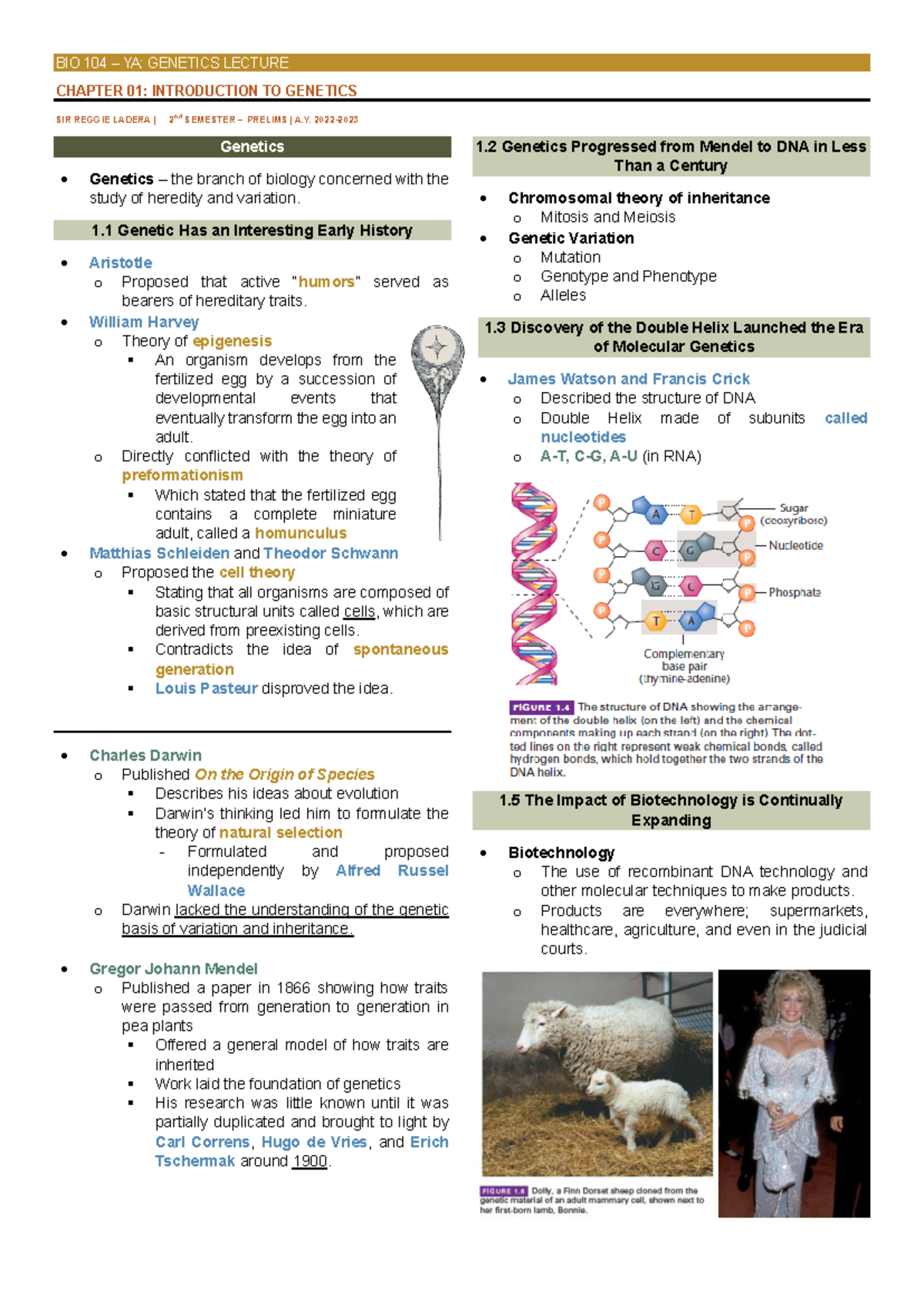 Gen Lec Transes - Genetics Chapter 1-4 Lecture Notes - BIO 104 – YA ...