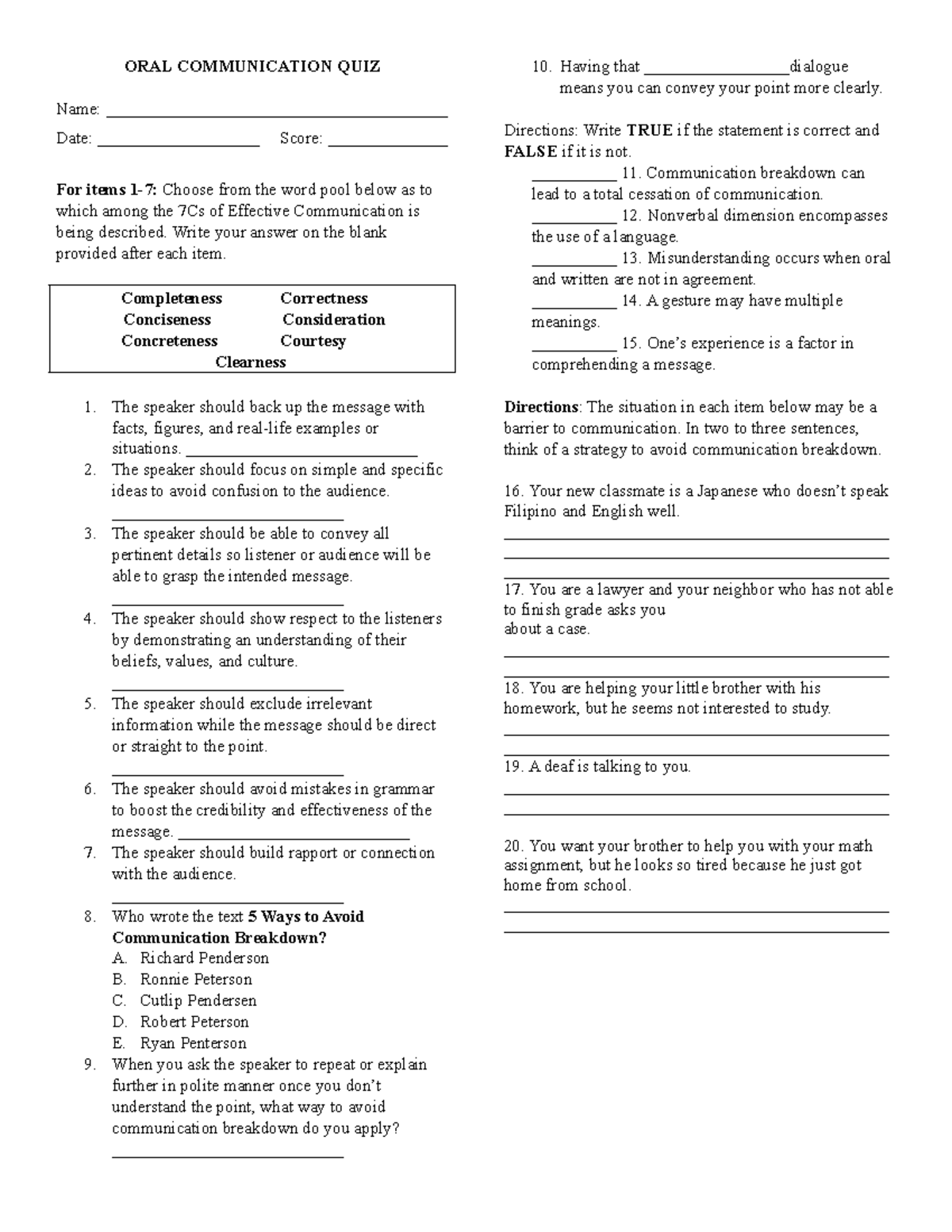 ORAL COMMUNICATION QUIZ: WAYS TO AVOID COMMUNICATION BREAKDOWN - Studocu