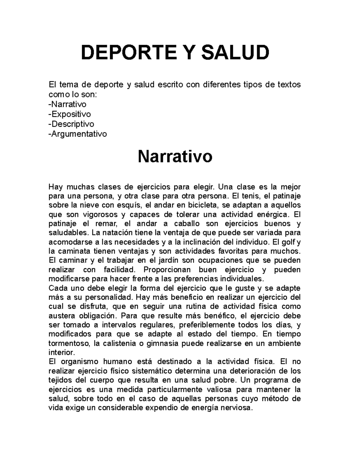 Diferentes textos - Hola - DEPORTE Y SALUD El tema de deporte y salud ...