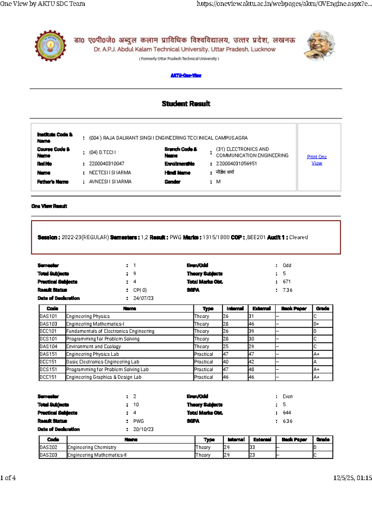 University Marksheet - AKTU B.Tech ECE Team 1-4 Overview - Studocu