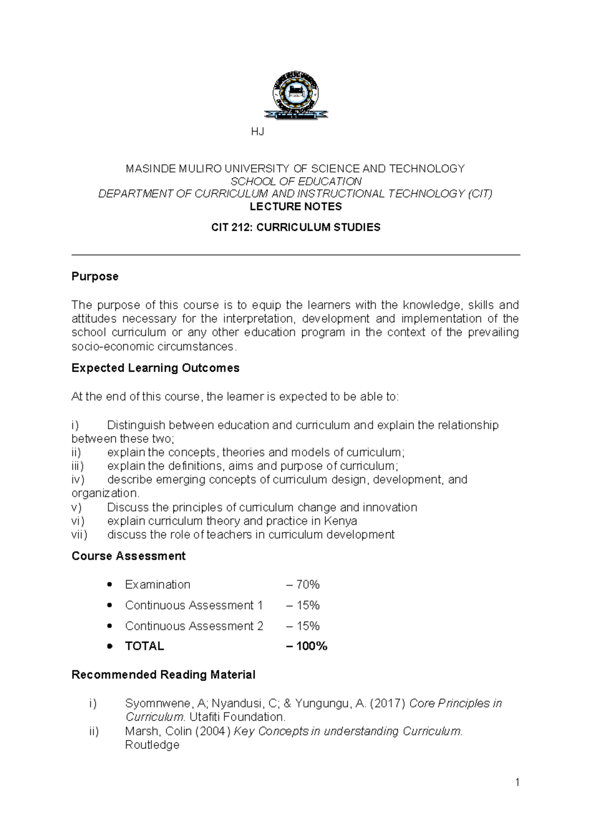 CIT 212: Comprehensive Lecture Notes on Curriculum Studies 2022 - Studocu