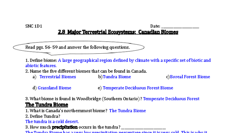 SNC 1D1 Major Terrestrial Ecosystems: Canadian Biomes Study Guide - Studocu