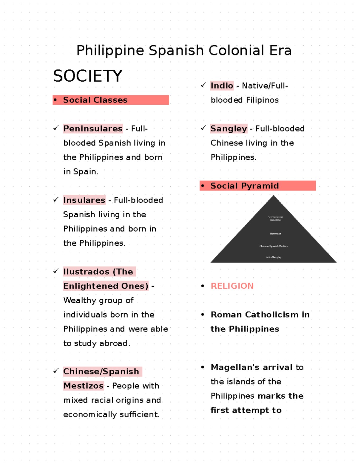 Philippine Spanish Colonial Era - Philippine Spanish Colonial Era SOCIETY Social Classes ü - Studocu